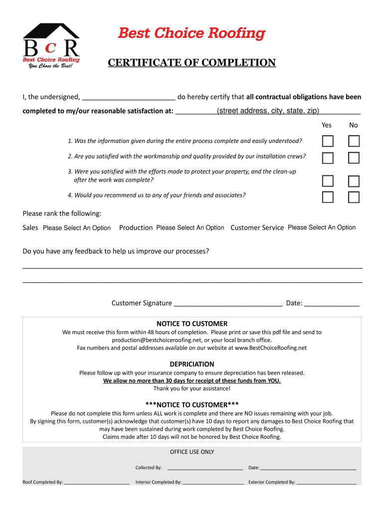 Certificate Of Completion For Roofing Job Fill Online For Roof 