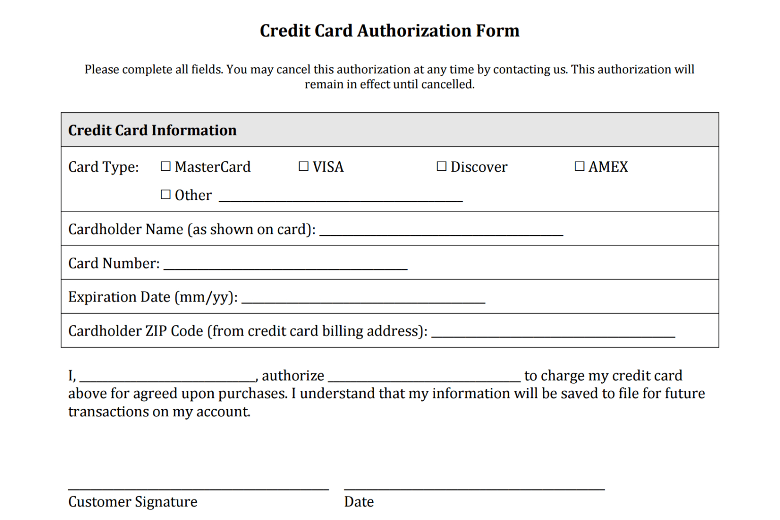 Credit Card Authorization Form Templates [Download] in Order Form With ...
