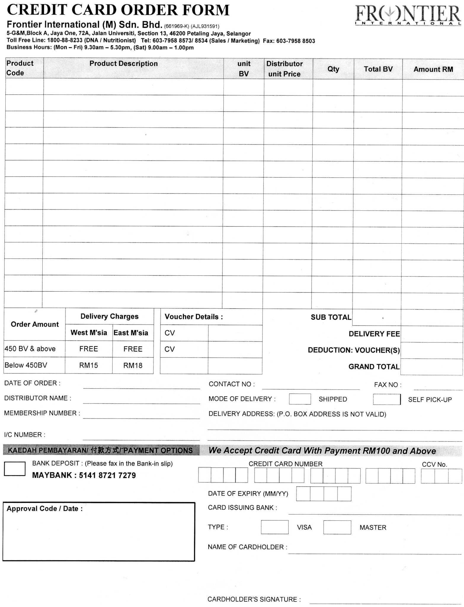 Credit Card Order Form | June Chan's Frontier Network throughout Order ...