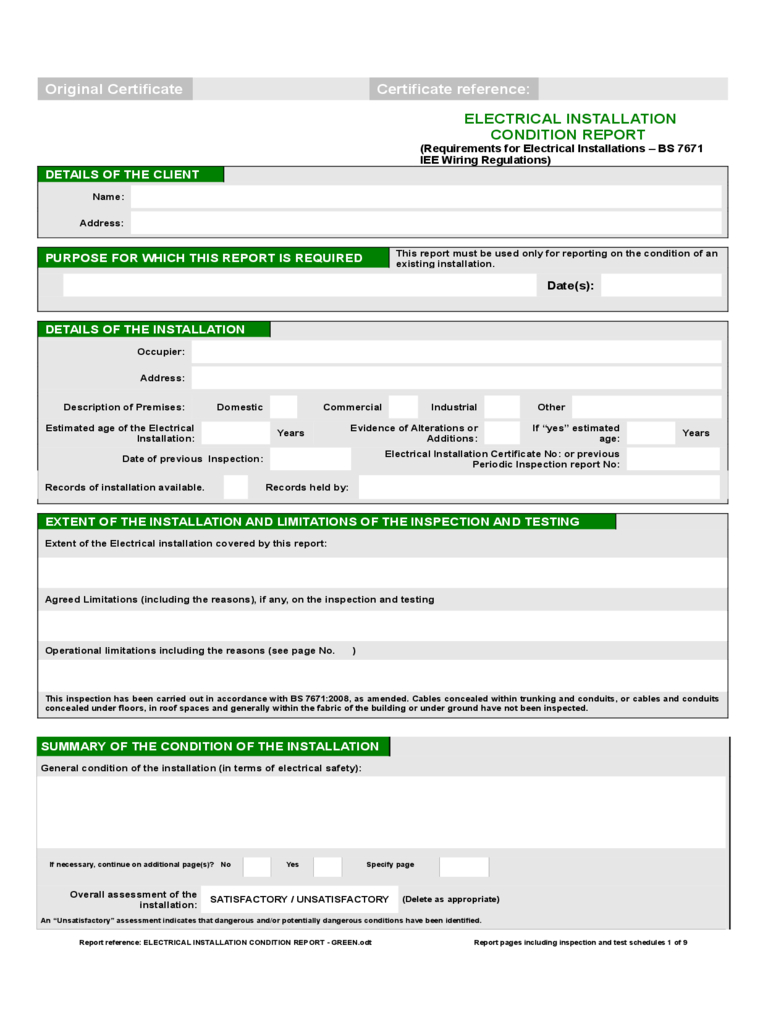 Electrical Installation Condition Report Form 2 Free Intended For Electrical Installation Condition Report Form 2 Free Intended For