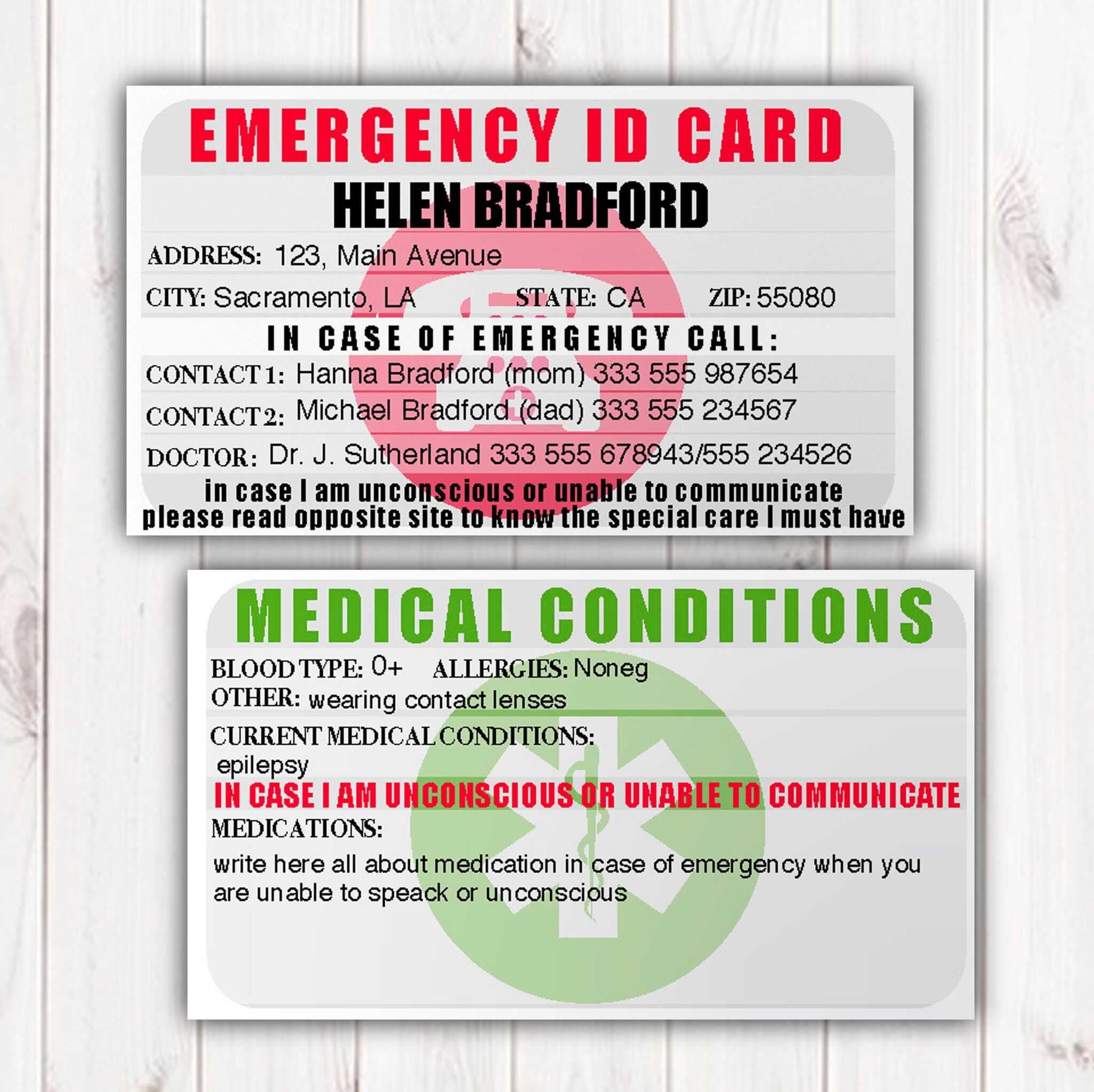 Emergency Identification Card Template, Medical Condition pertaining to ...