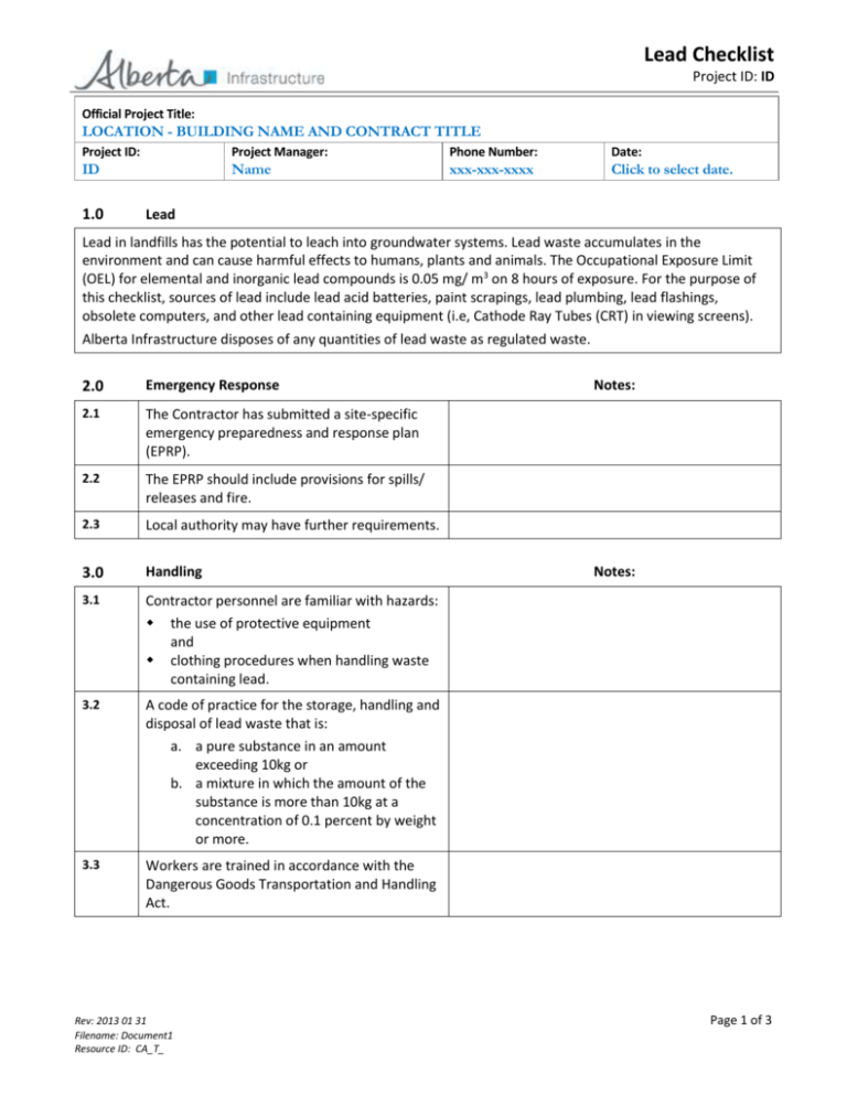 Ems Lead Checklist Template – Alberta Ministry Of Infrastructure ...
