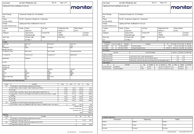 Engineering Job Cards / Work Packs With Mpower From Monitor throughout ...