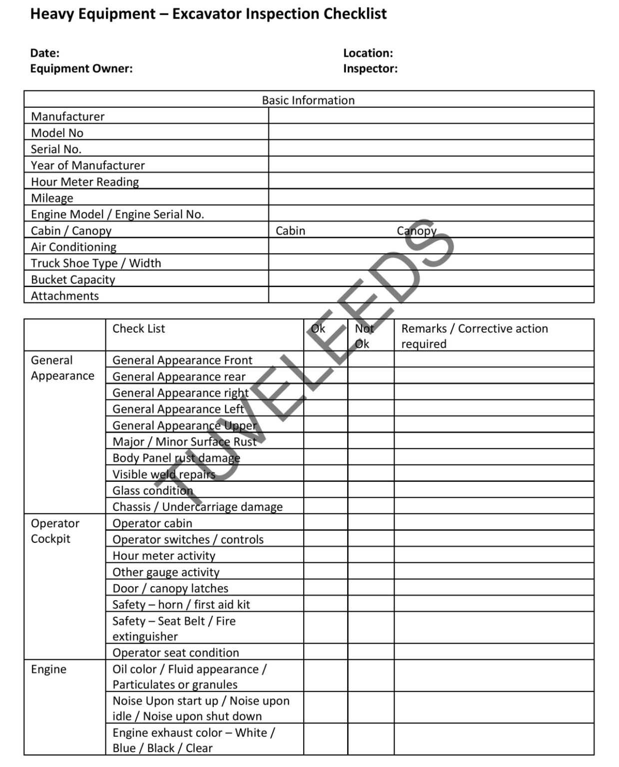 Excavator Inspection Checklist Tove Leeds Within Certificate Of