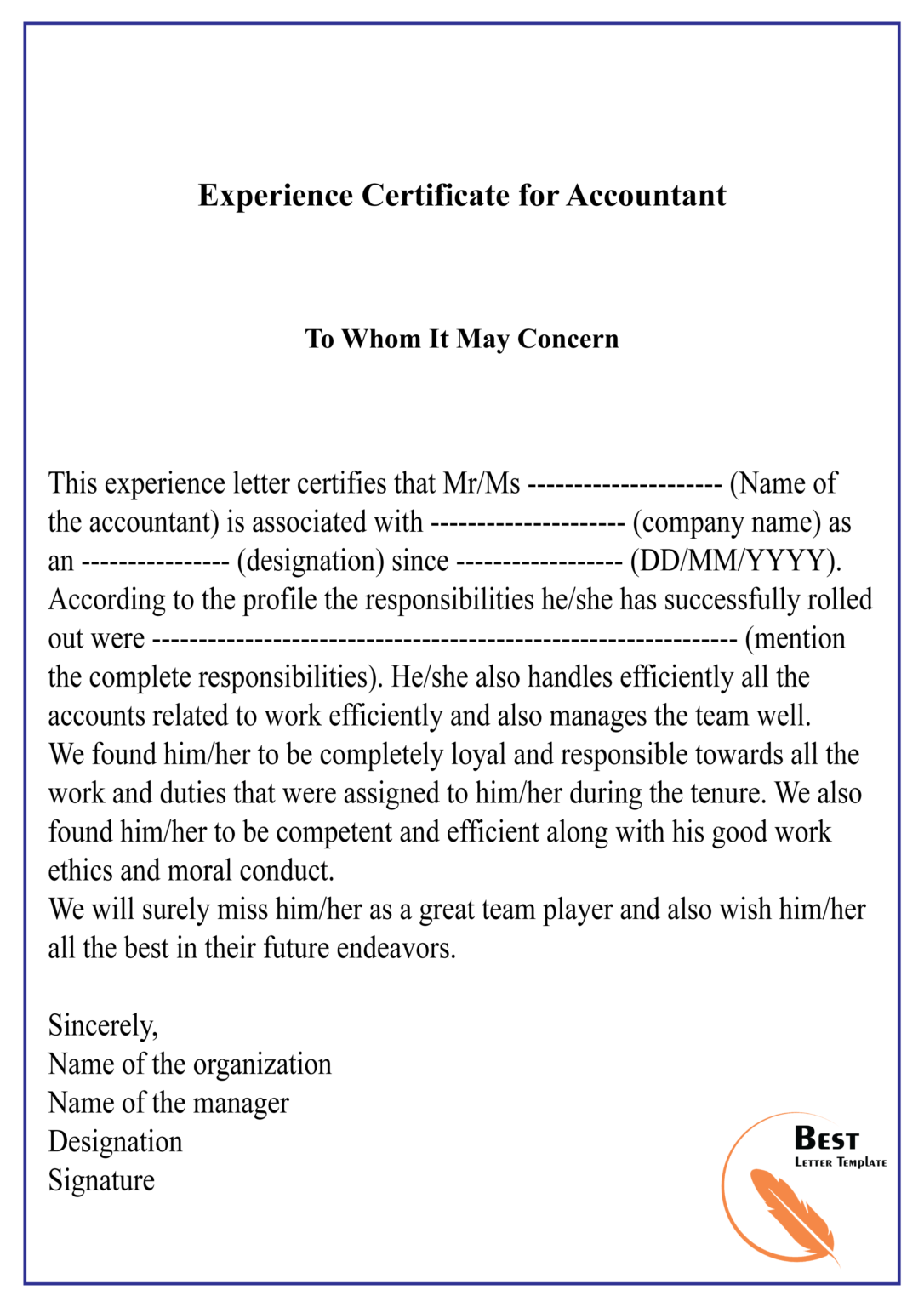 Experience Certificate For Accountant-01 | Best Letter Template ...