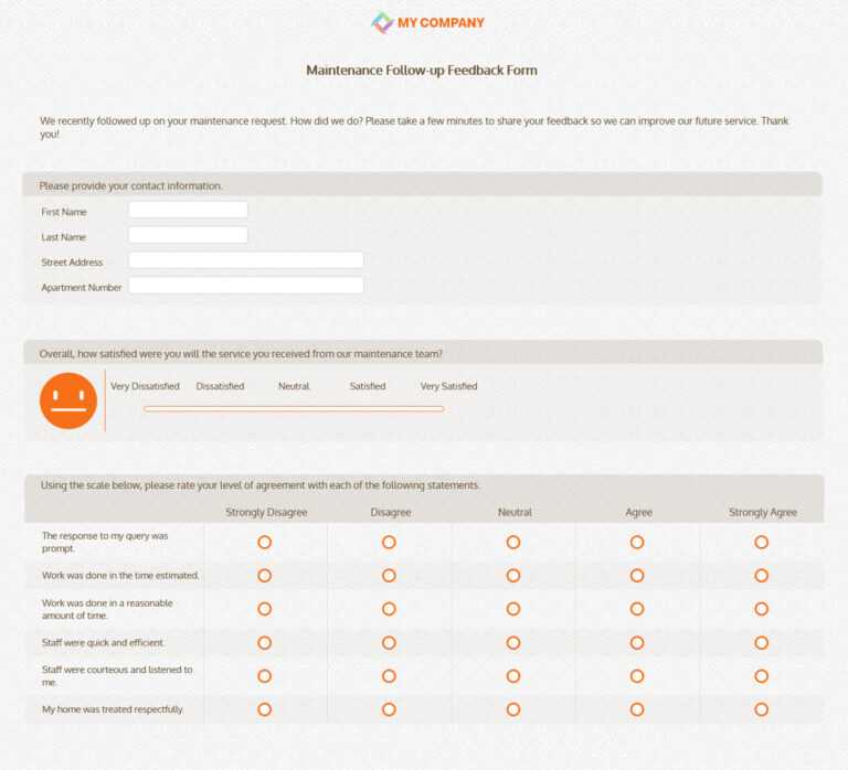 Maintenance Follow-Up Feedback Form Template & Questions throughout ...