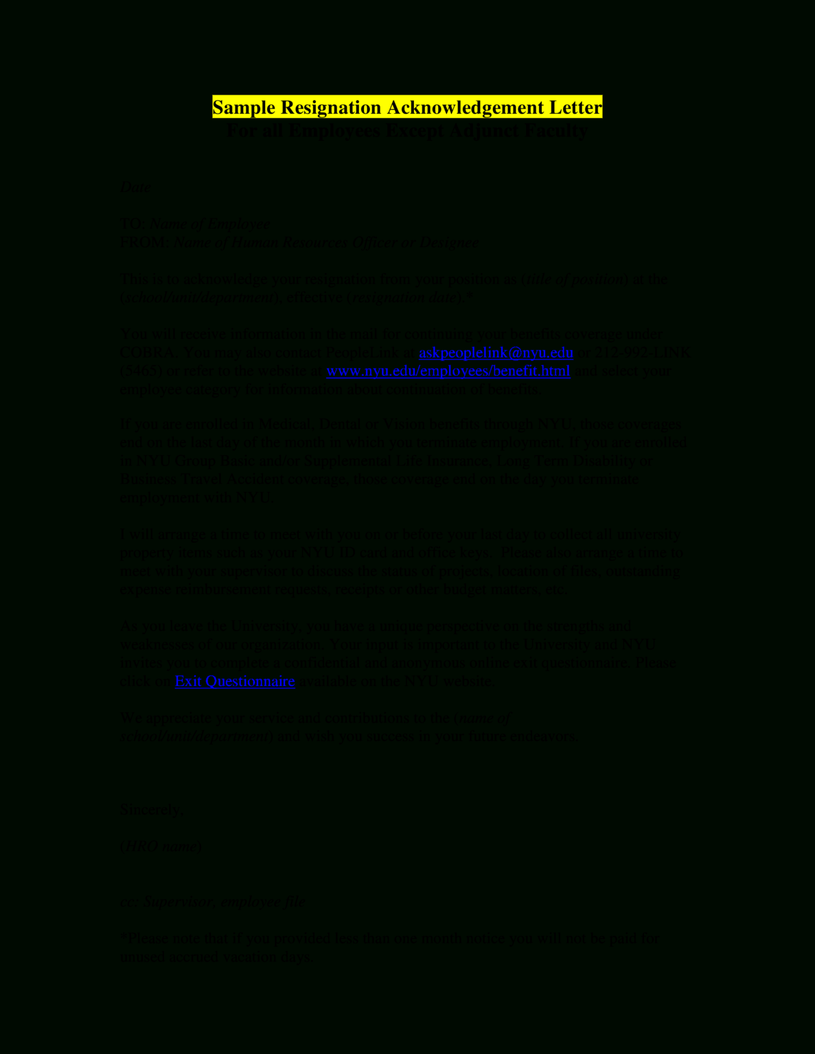 Medical Acknowledgement Resignation Letter | Templates At with Faculty ...