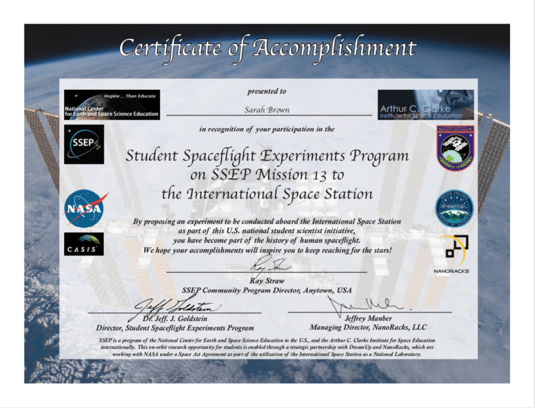 Ssep Mission 13 To Iss Student Certificates Of in International ...
